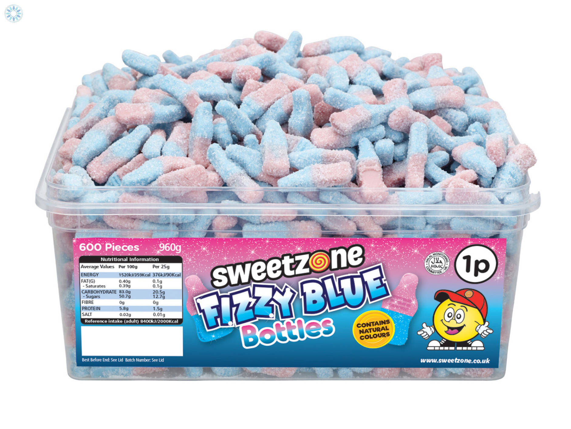 Halal Foods › Halal Sweets › Fizzy Blue Bottles (600 pieces in Tub) 1p